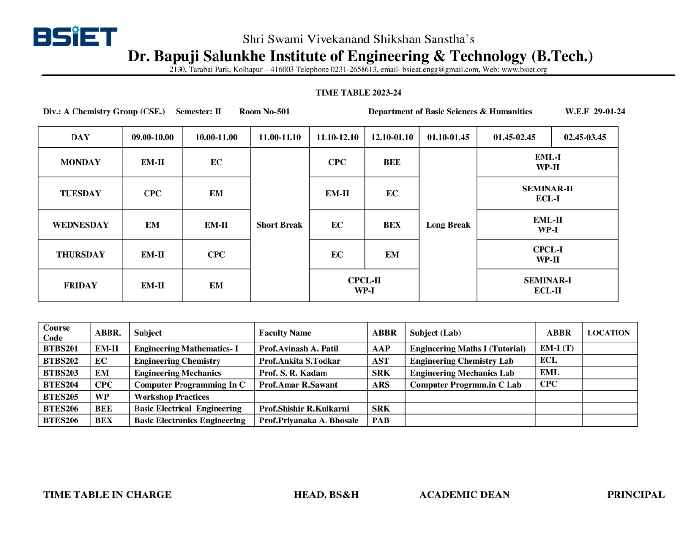 TImeTable – Dr. Bapuji Salunke Institute Of Engineering & Technology